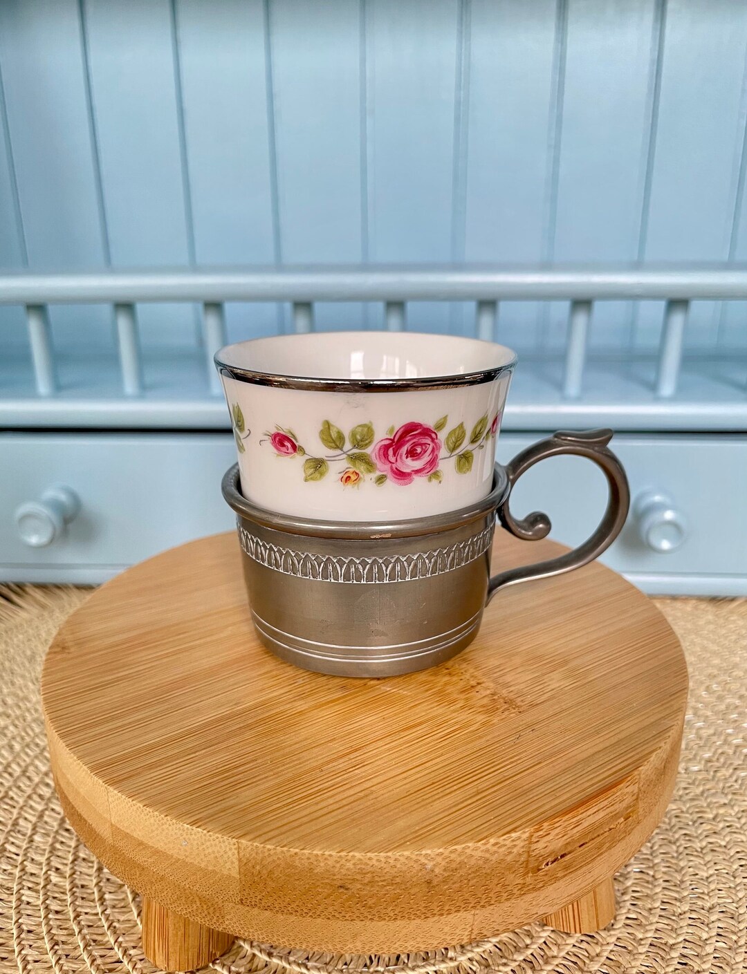 Beautiful Vintage Tin Cup Holder With Bareuther Bavaria Porcelain ...