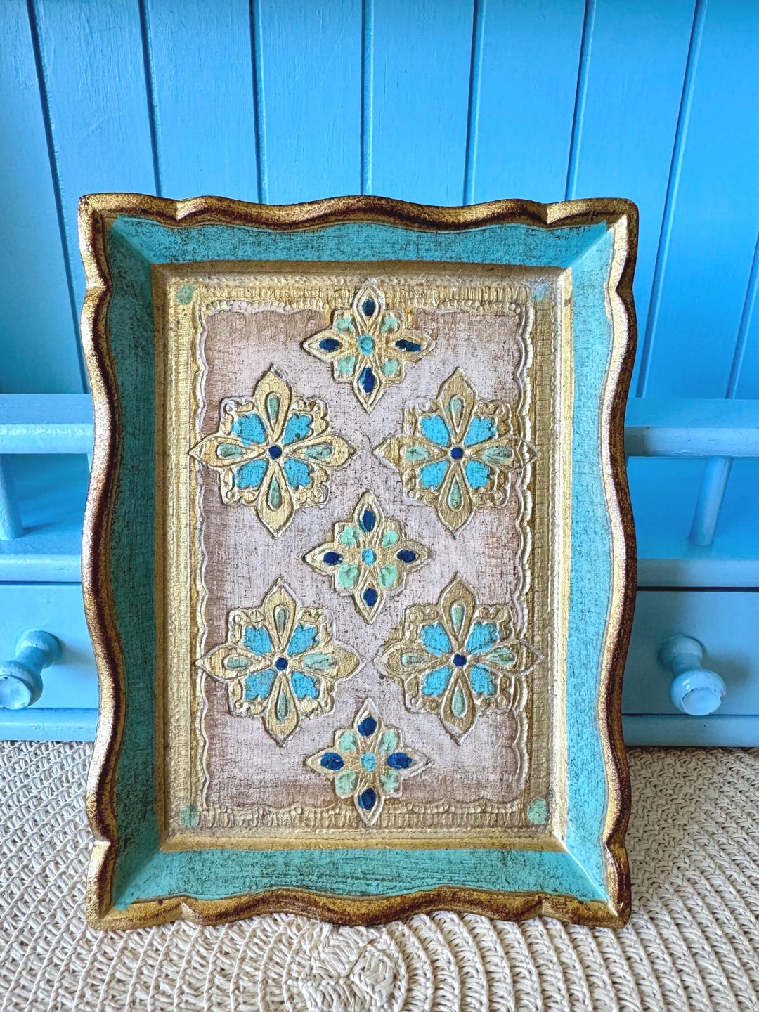 Vintage MASI Italian Gilt Tray, Teal & Gold Embossed Art, Small Serving ...