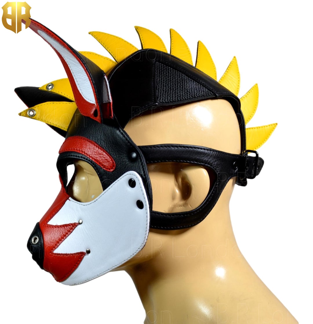Leather Mohawk Handmade Pup Hood Dog Mask Red, Black White Puppy Play ...