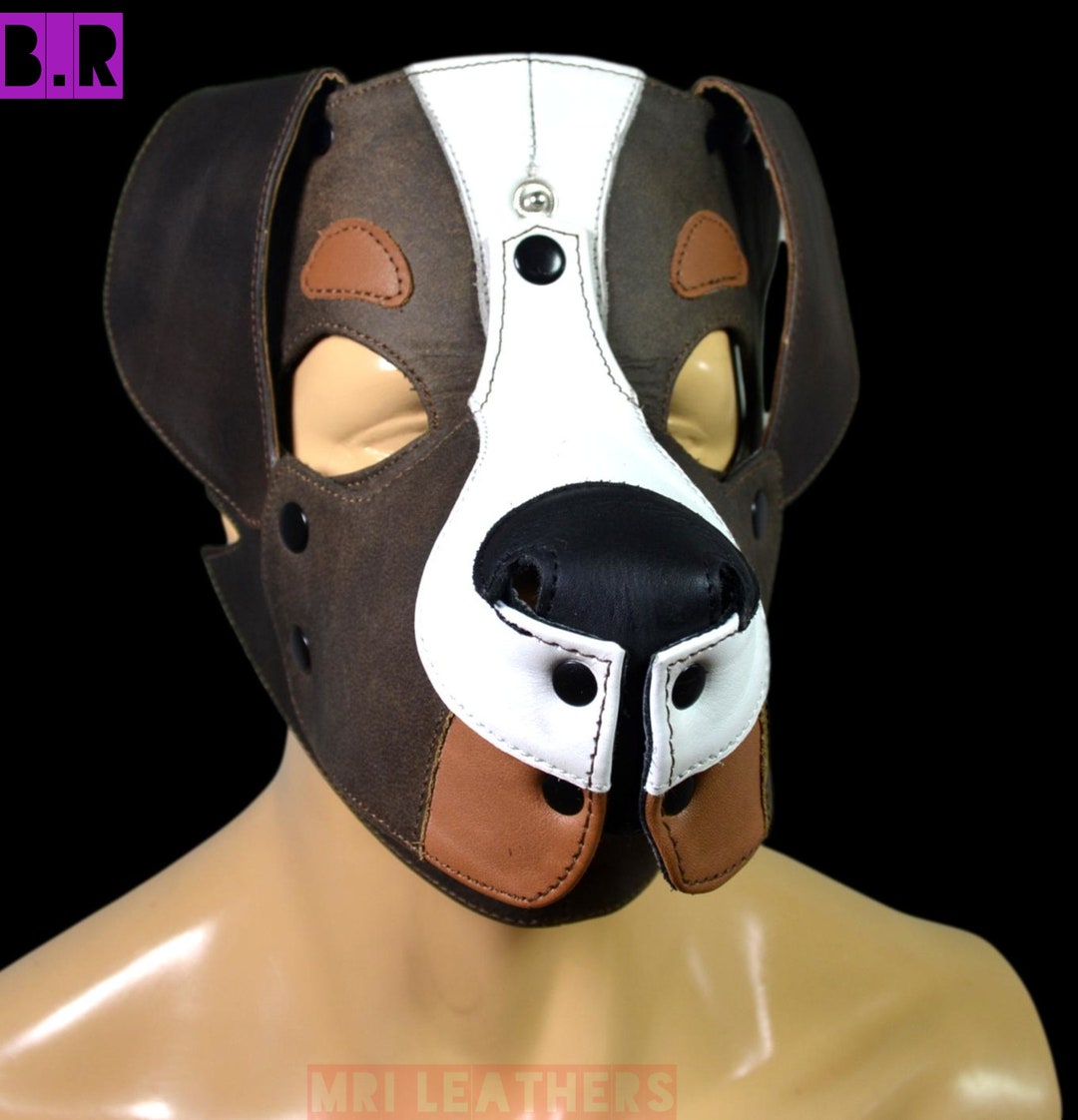 Leather Border Collie Puppy Hood Mask: Cosplay Dog Full Face Pup Mask ...