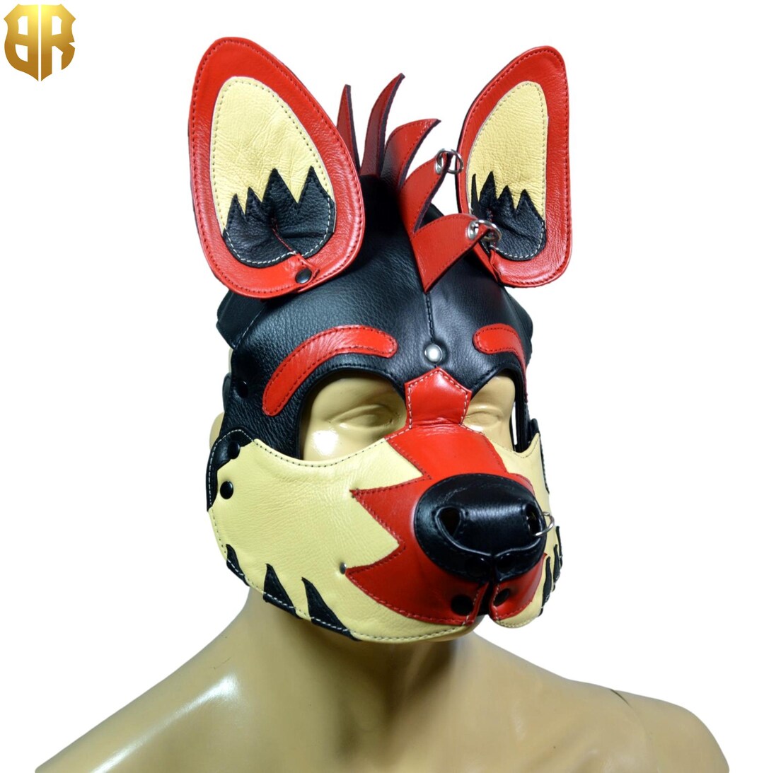 Leather Mohawk Pup Hood: Red & Cream Spiked Dog Mask - Etsy