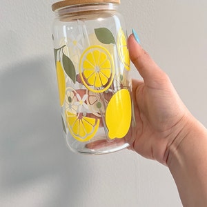 Lemon Beer Glass Can, Fruits Glass Tumbler, Lemons Glass Tumbler With ...