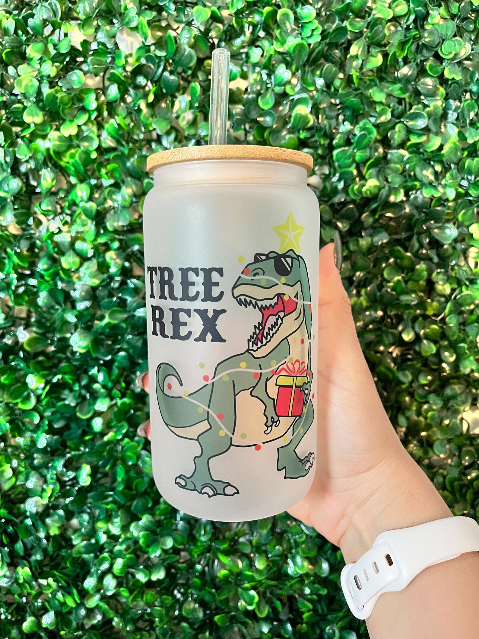 Tree Rex Beer Glass Cup With Lid and Straw, Cute Holiday Trex Iced ...