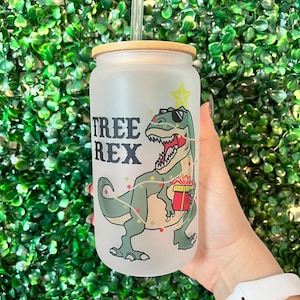 Tree Rex Beer Glass Cup With Lid and Straw, Cute Holiday Trex Iced ...
