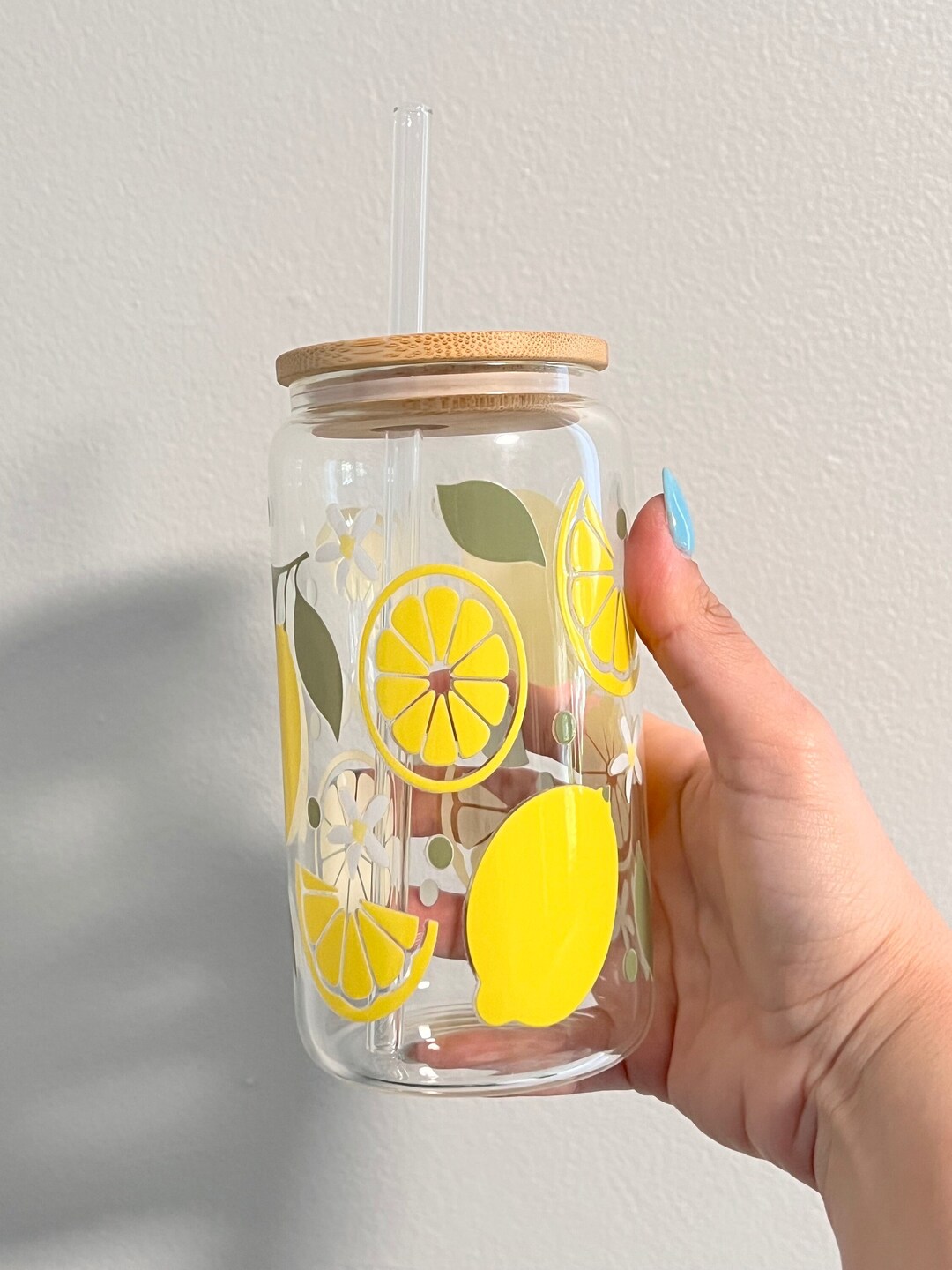 Lemon Beer Glass Can, Fruits Glass Tumbler, Lemons Glass Tumbler With ...