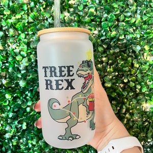 Tree Rex Beer Glass Cup With Lid and Straw, Cute Holiday Trex Iced ...