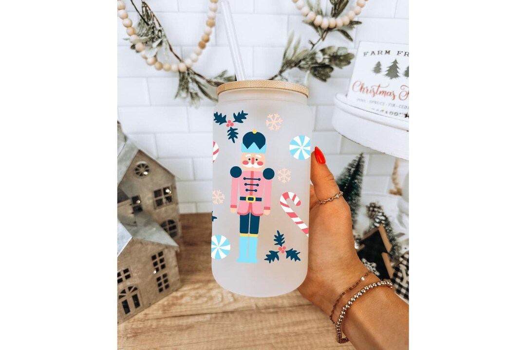 Nutcracker Glass Cup With Lid and Straw, Holiday Iced Coffee Gift, Cute ...