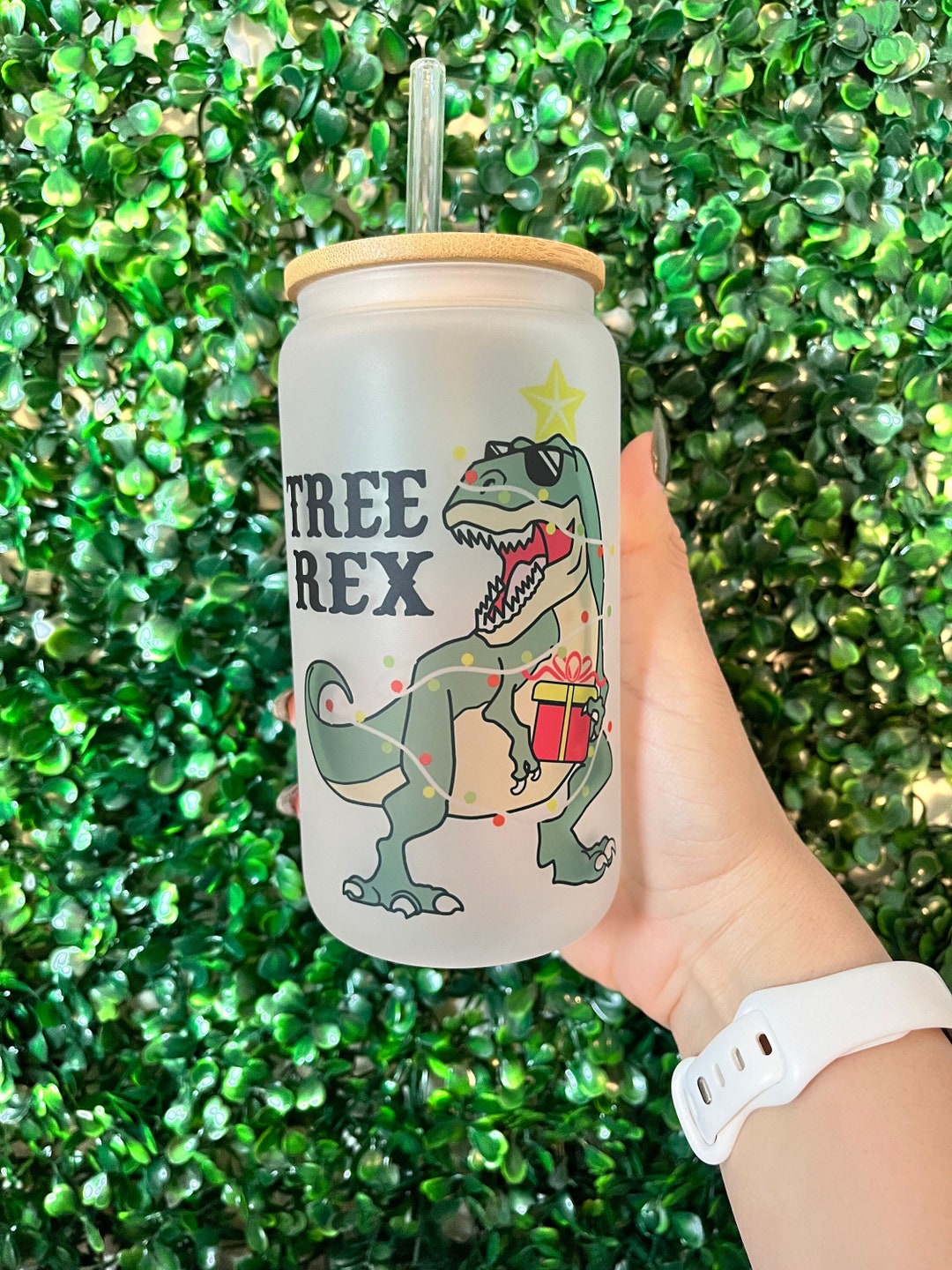 Tree Rex Beer Glass Cup With Lid and Straw, Cute Holiday Trex Iced ...