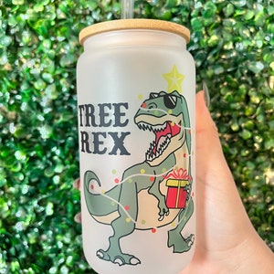 Tree Rex Beer Glass Cup With Lid and Straw, Cute Holiday Trex Iced ...
