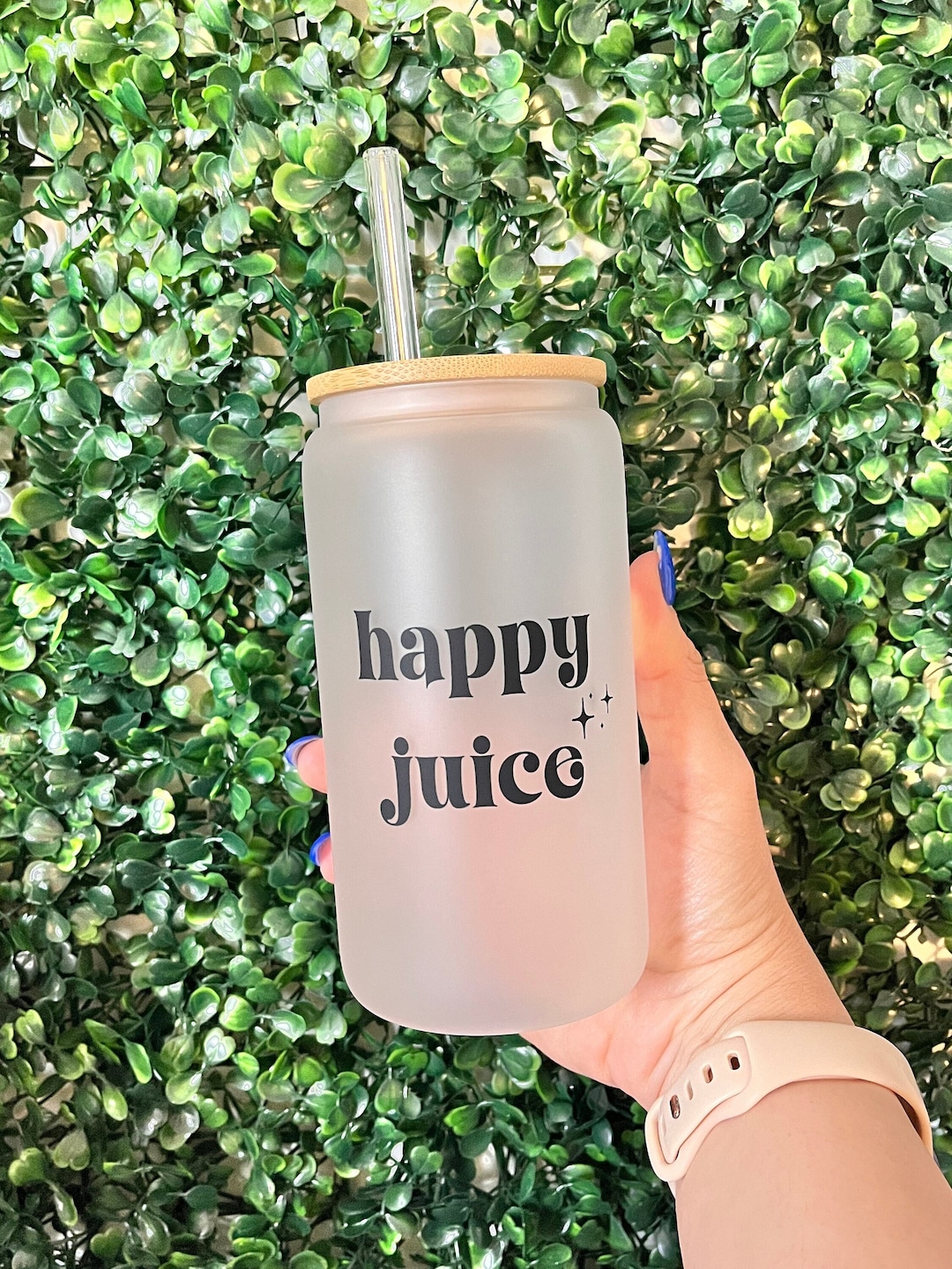 Happy Juice Coffee Glass Cup With Bamboo Lid and Straw, Gift for ...