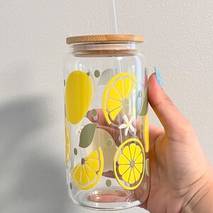 Lemon Beer Glass Can, Fruits Glass Tumbler, Lemons Glass Tumbler With ...