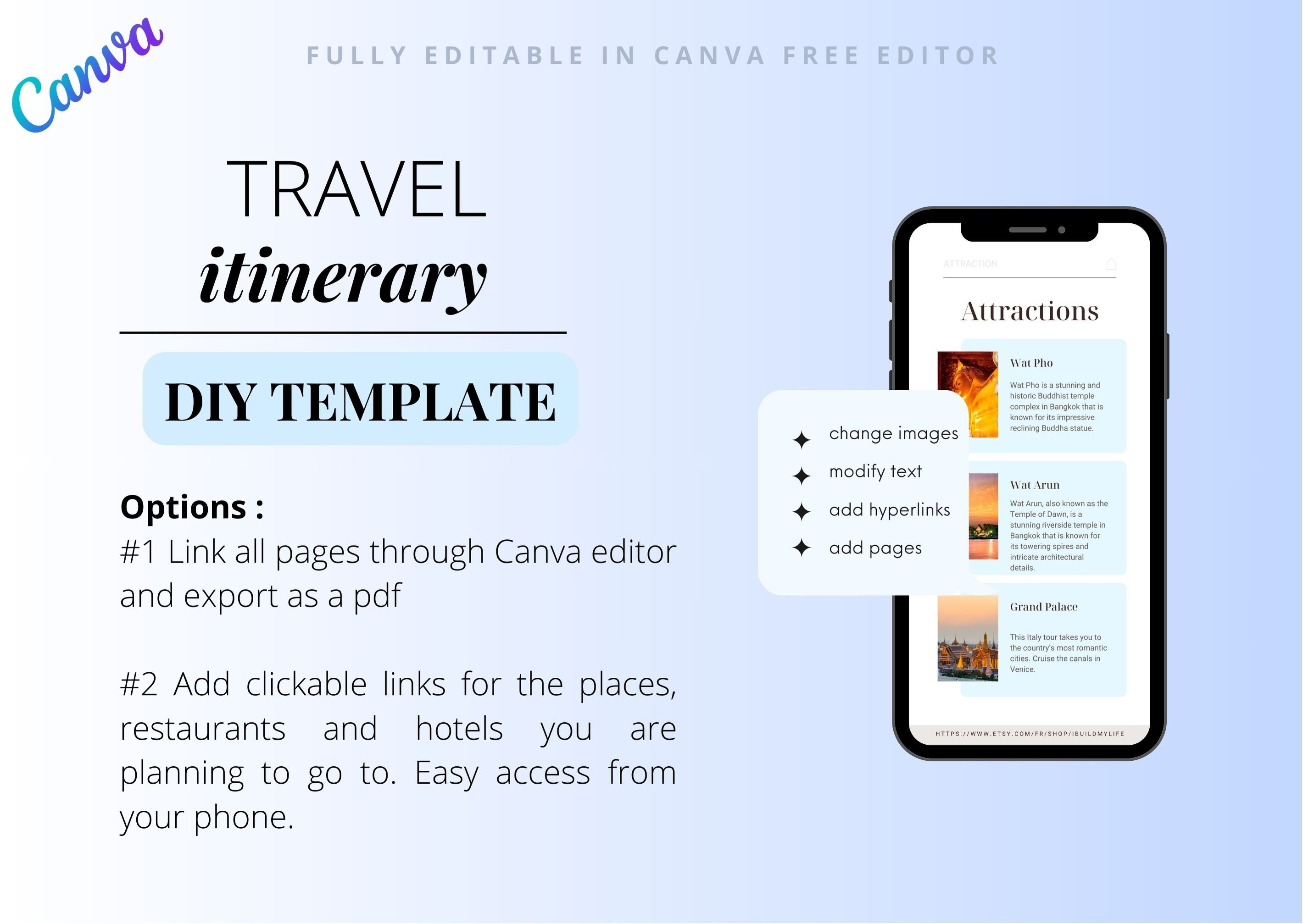 Travel Itinerary DIY Travel Itinerary Mobile Template Digital Editable ...