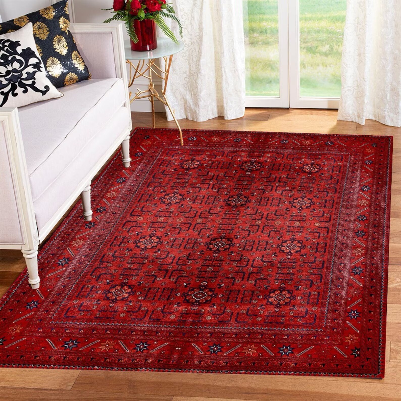 Red Turkish Area Rug, Vintage Traditional Turkmen Geometric Design ...