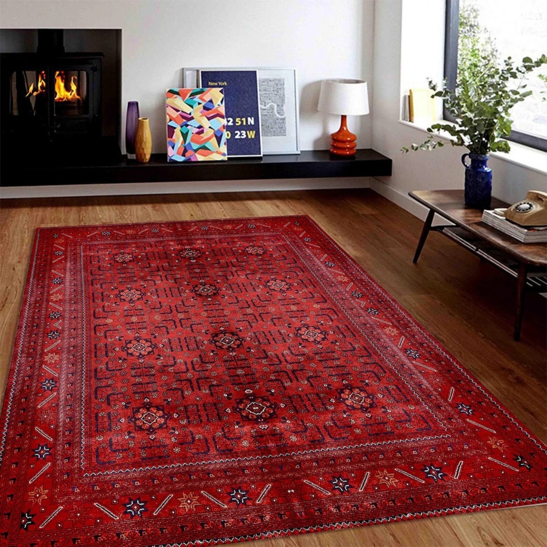 Red Turkish Area Rug, Vintage Traditional Turkmen Geometric Design ...