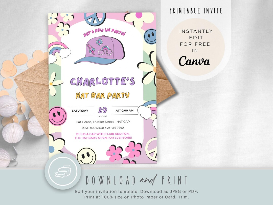 Hat Bar Birthday Invite, Retro Digital Invitation, Customizable ...