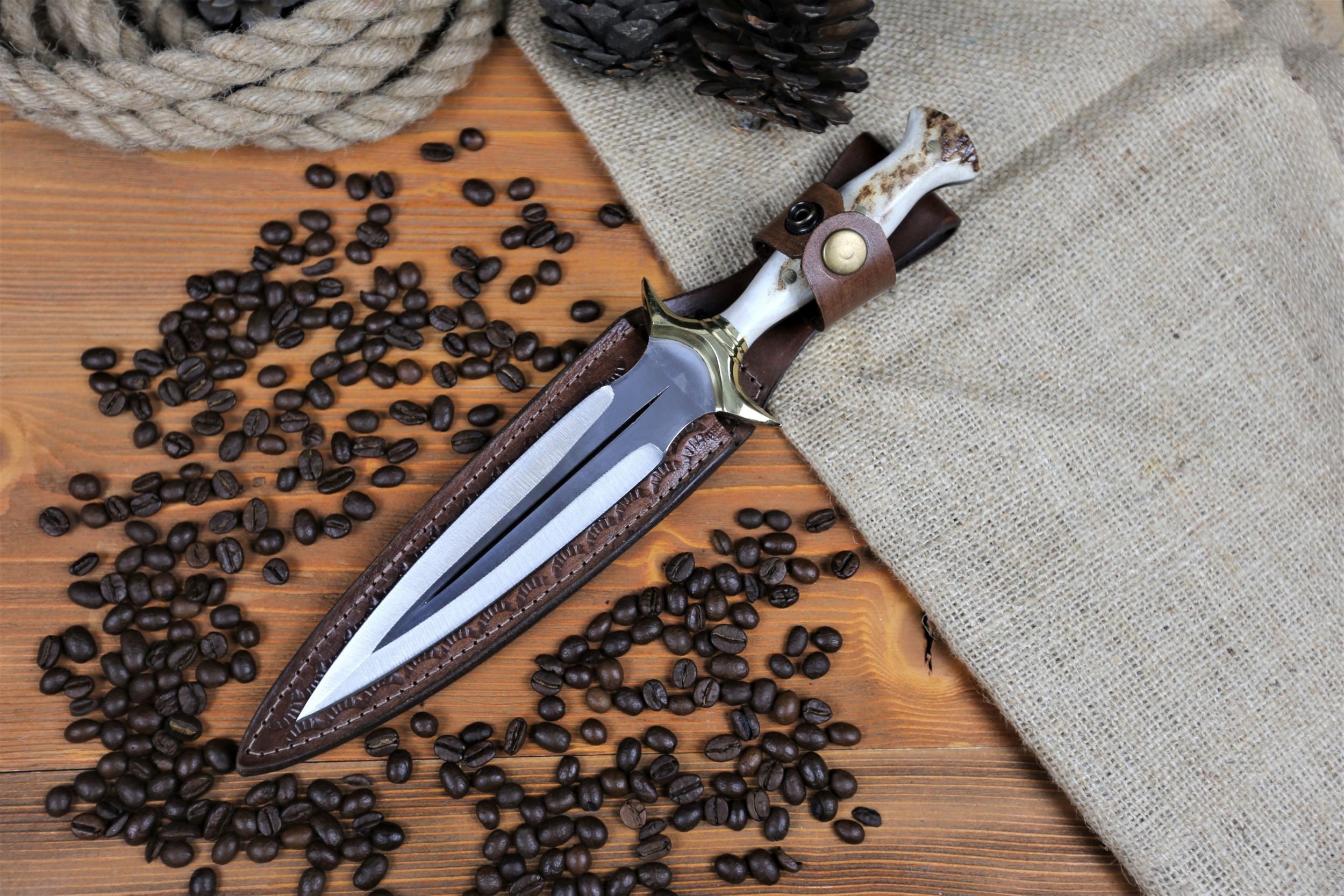 Custom Fairbairn Sykes Knife With Deer Antler Handle With Plain Sheath ...