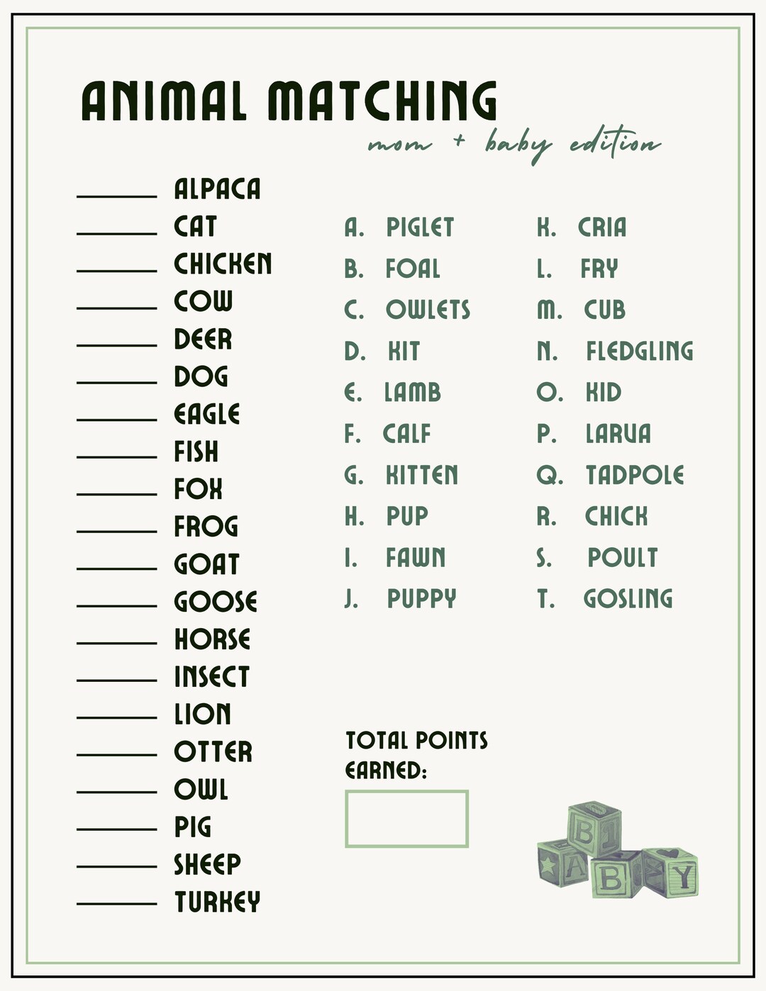 Animal Matching - Baby Shower Game (neutral Green Theme) - Etsy