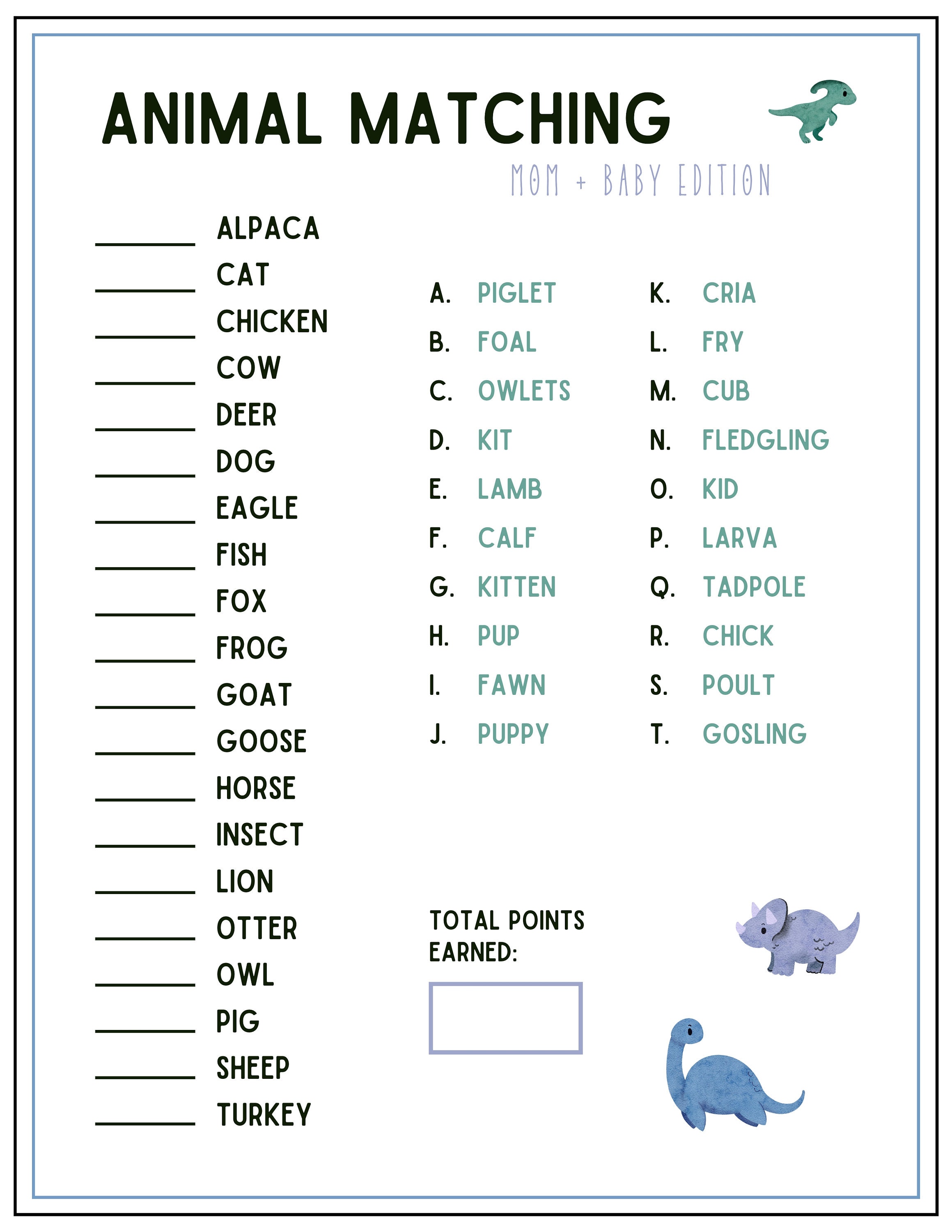 Animal Matching - Baby Shower Game (colorful Dinosaur Theme) - Etsy