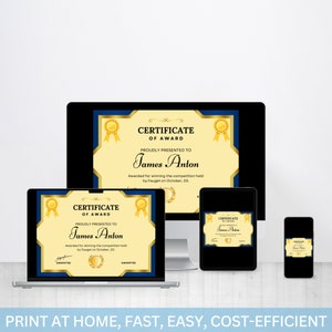 Printable Blue and Gold Certificate Template, Customizable Award ...