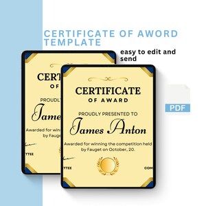 Printable Blue and Gold Certificate Template, Customizable Award ...