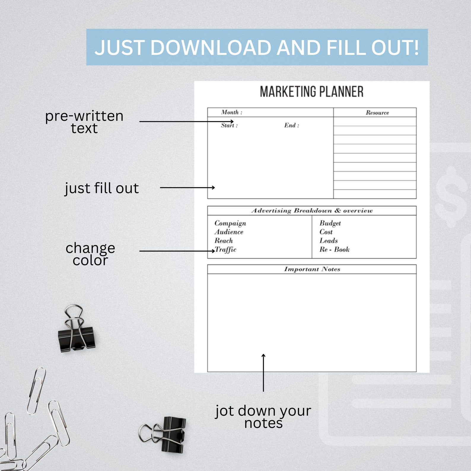 Printable Marketing Plan Template, Marketing Strategy, Marketing Planner Template, Marketing ...
