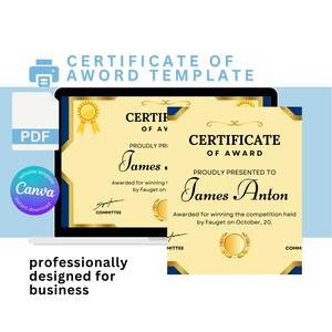 Printable Blue and Gold Certificate Template, Customizable Award ...