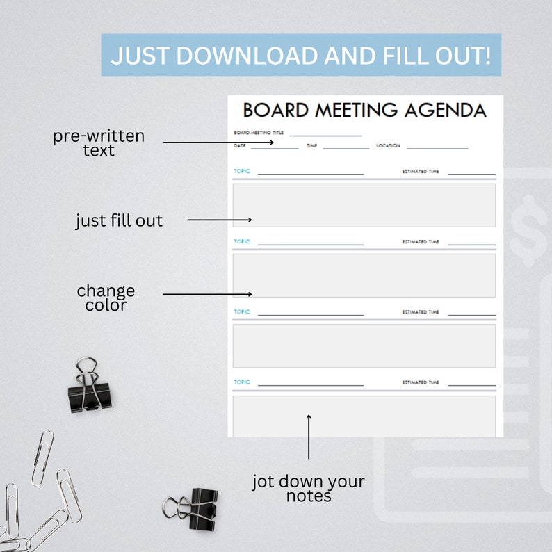 Board Meeting Agenda Template, Printable Meeting Organizer, Meeting ...
