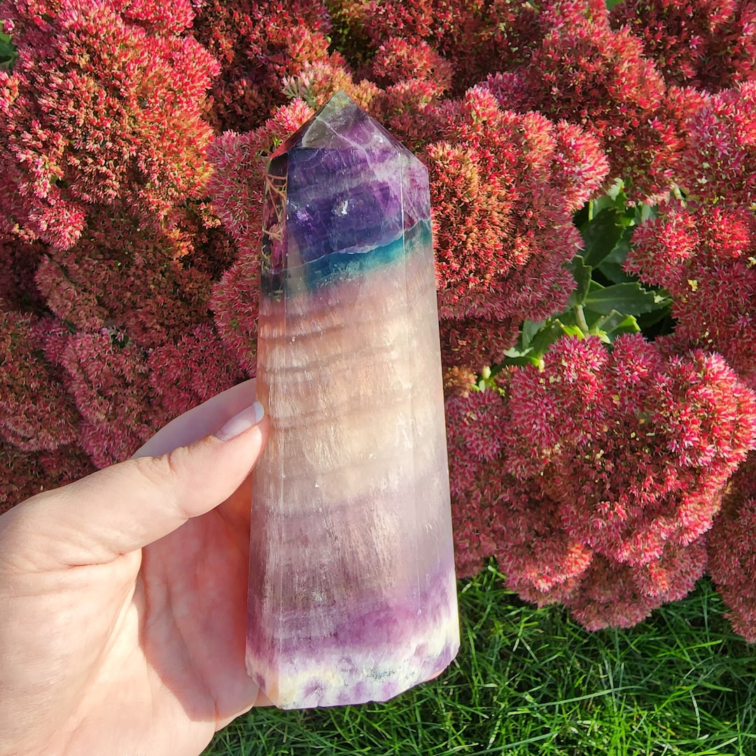 Large Rainbow Flourite Tower. Banded Purple, Green and Gray/white Point ...