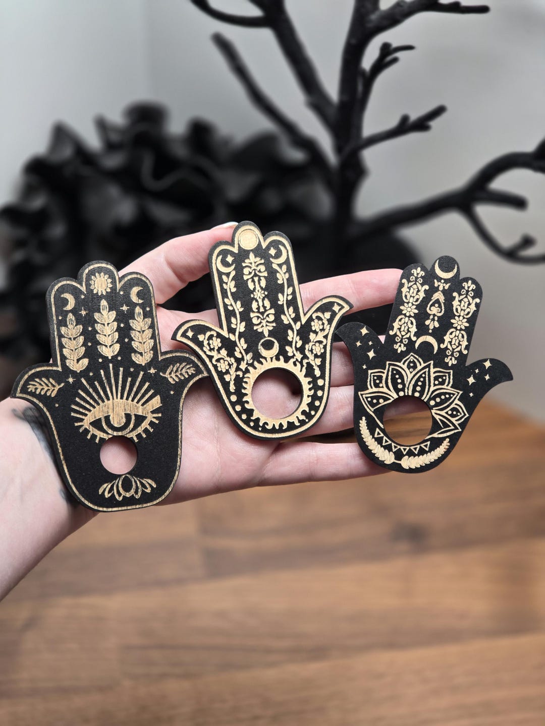 Hamsa Hand Sphere Stand | Black Etched Wood With Flowers & Moons Like ...