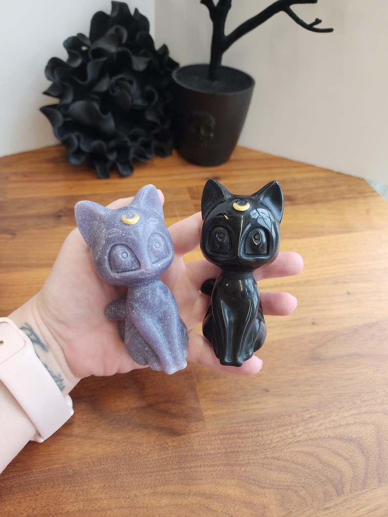 Lunar Crystal Cat Figurine: Hand Carved Stone, Purple & Black - Etsy