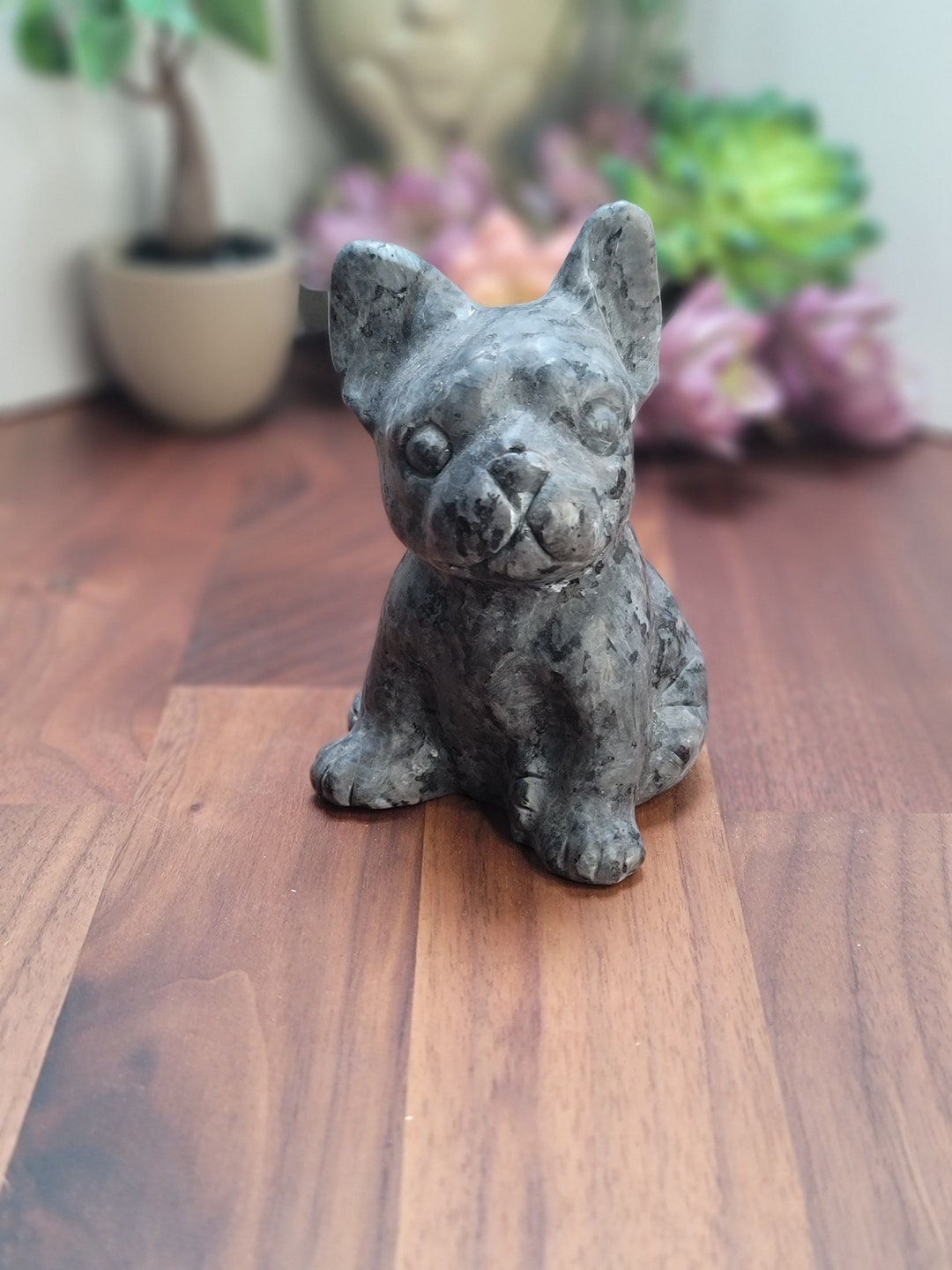 Funky French Bulldog Larvikite Crystal Carving 4.25 Inch Gray and Black ...