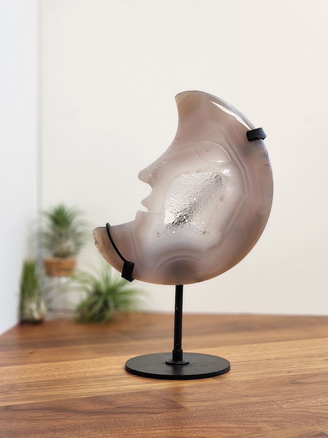 Druzy Banded Agate Moon | Large Crystal Crescent Statement Piece ...