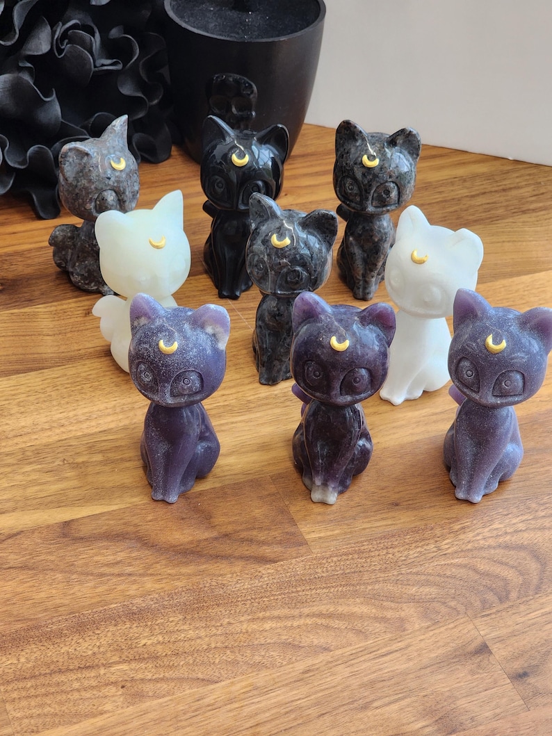Lunar Crystal Cat Figurine: Hand Carved Stone, Purple & Black - Etsy
