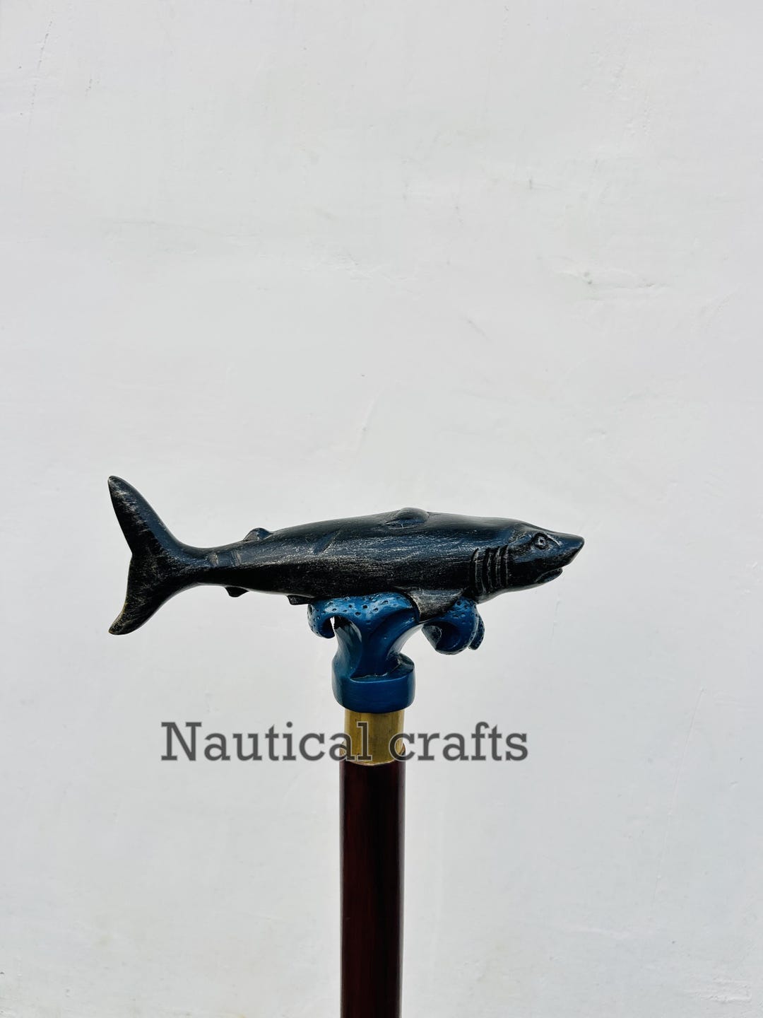 Blue Whale Wooden Walking Cane Stick Hand Crafted Handle Black Shaft ...