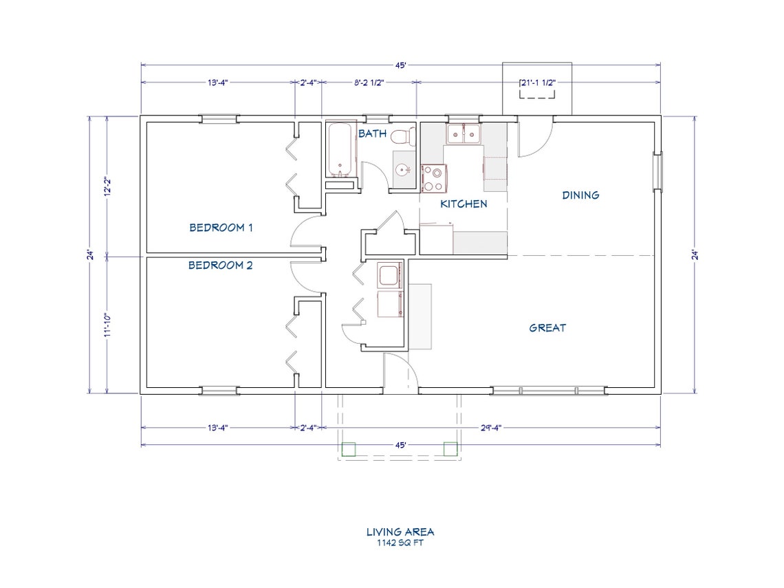 Small House Plans 24x45 2 Bedroom 1 Bathroom Cottage, Guest House, or ...