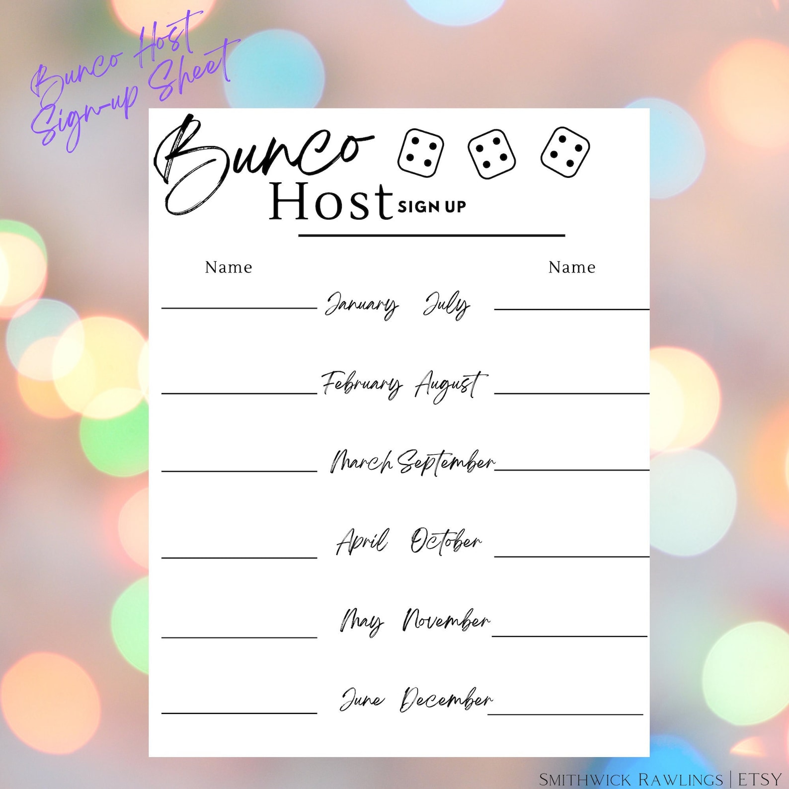 BUNCO Printable, Sign-up Sheet, Host Sign-up, Bunco Sign-up, Instant ...