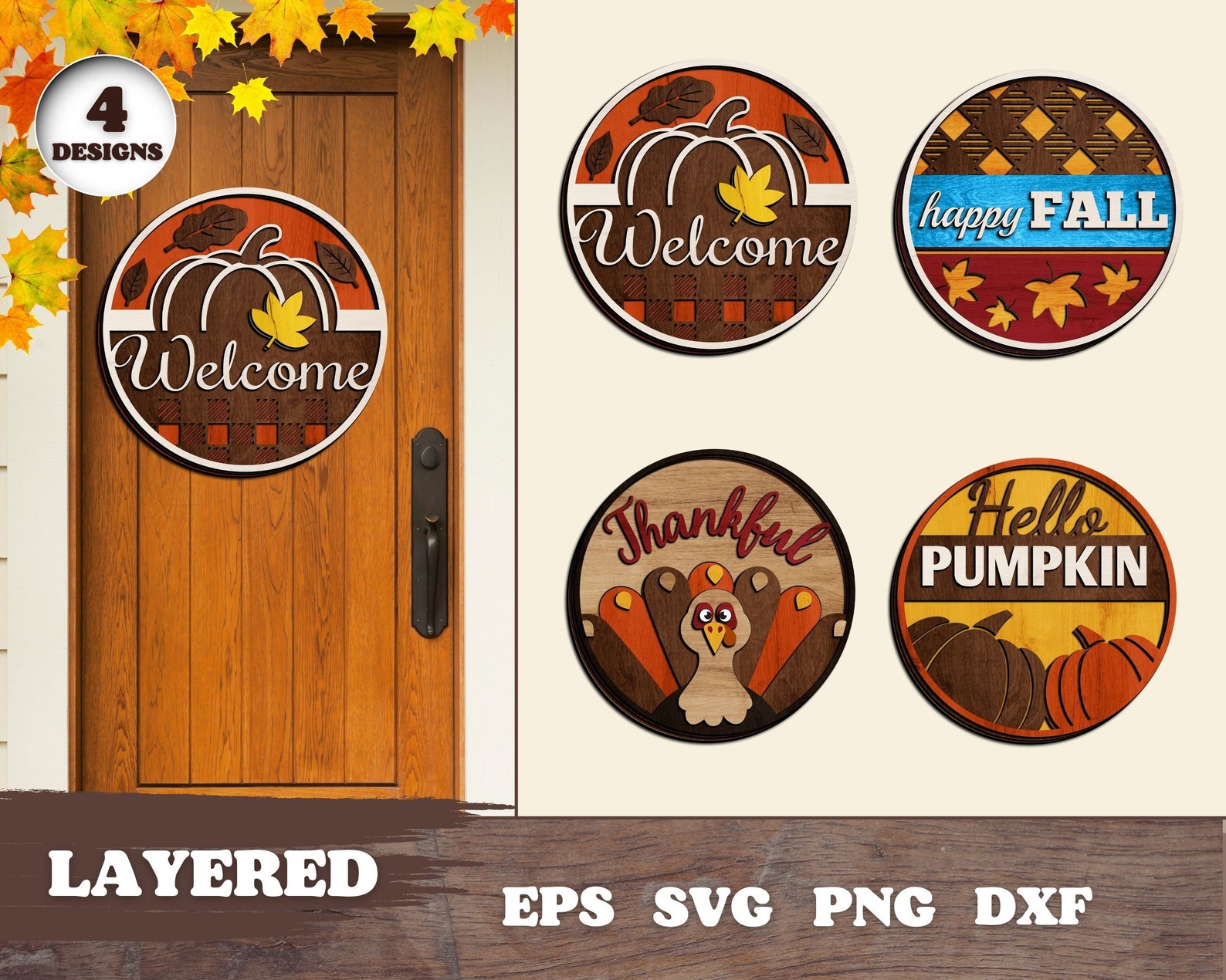 Fall Door Sign Laser Cut, Round Sign 4 SVG Bundle for Glowforge, Fall ...