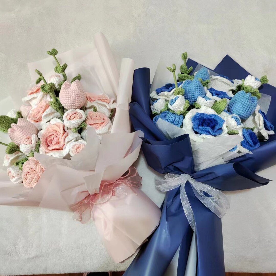Woolen Knitting Blue/pink Rose Flower,hand Knitted Flowers,alentine's ...