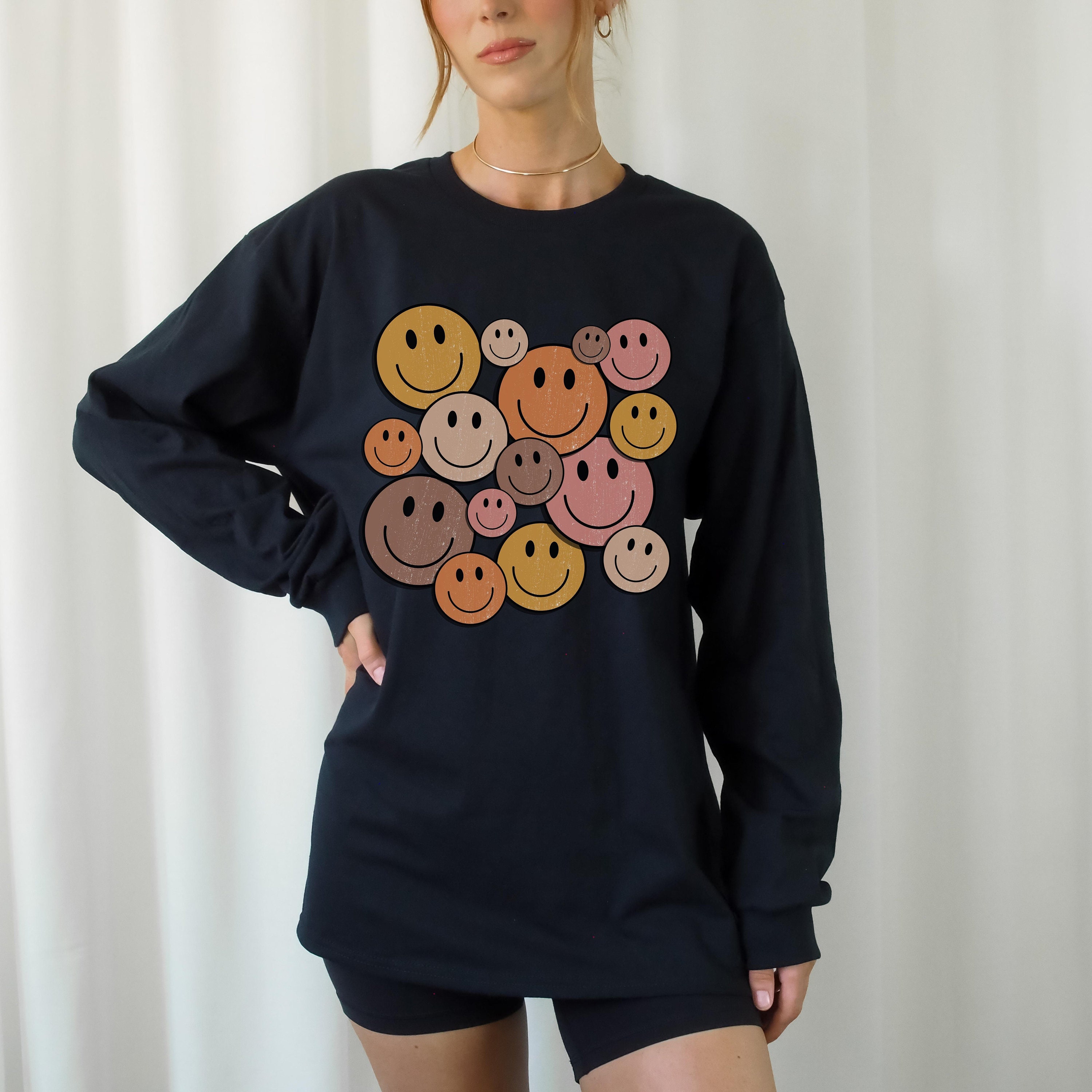 Retro Smile Oversized Tee, Smile Face Long Sleeve, Be Happy Shirt ...