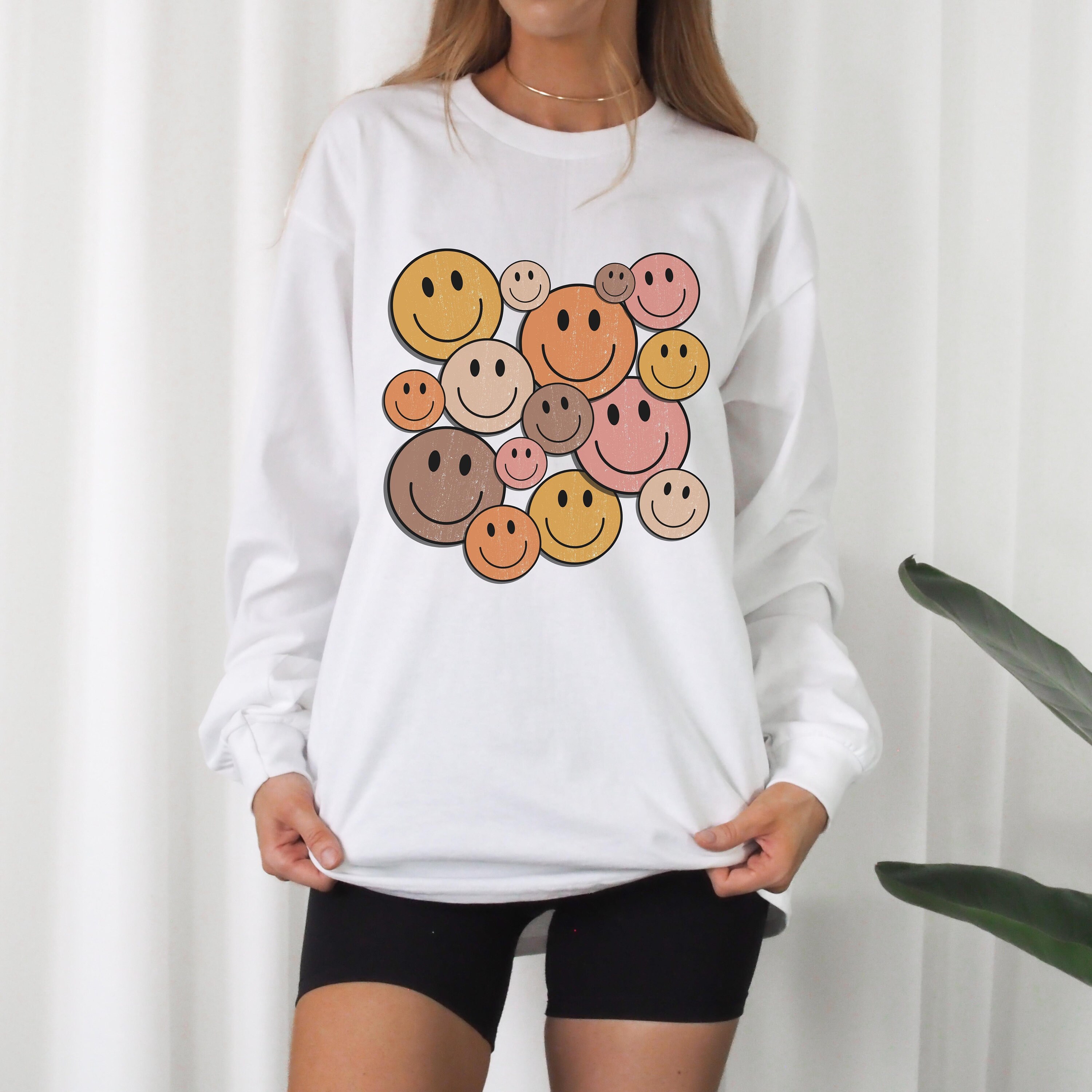 Retro Smile Oversized Tee, Smile Face Long Sleeve, Be Happy Shirt ...