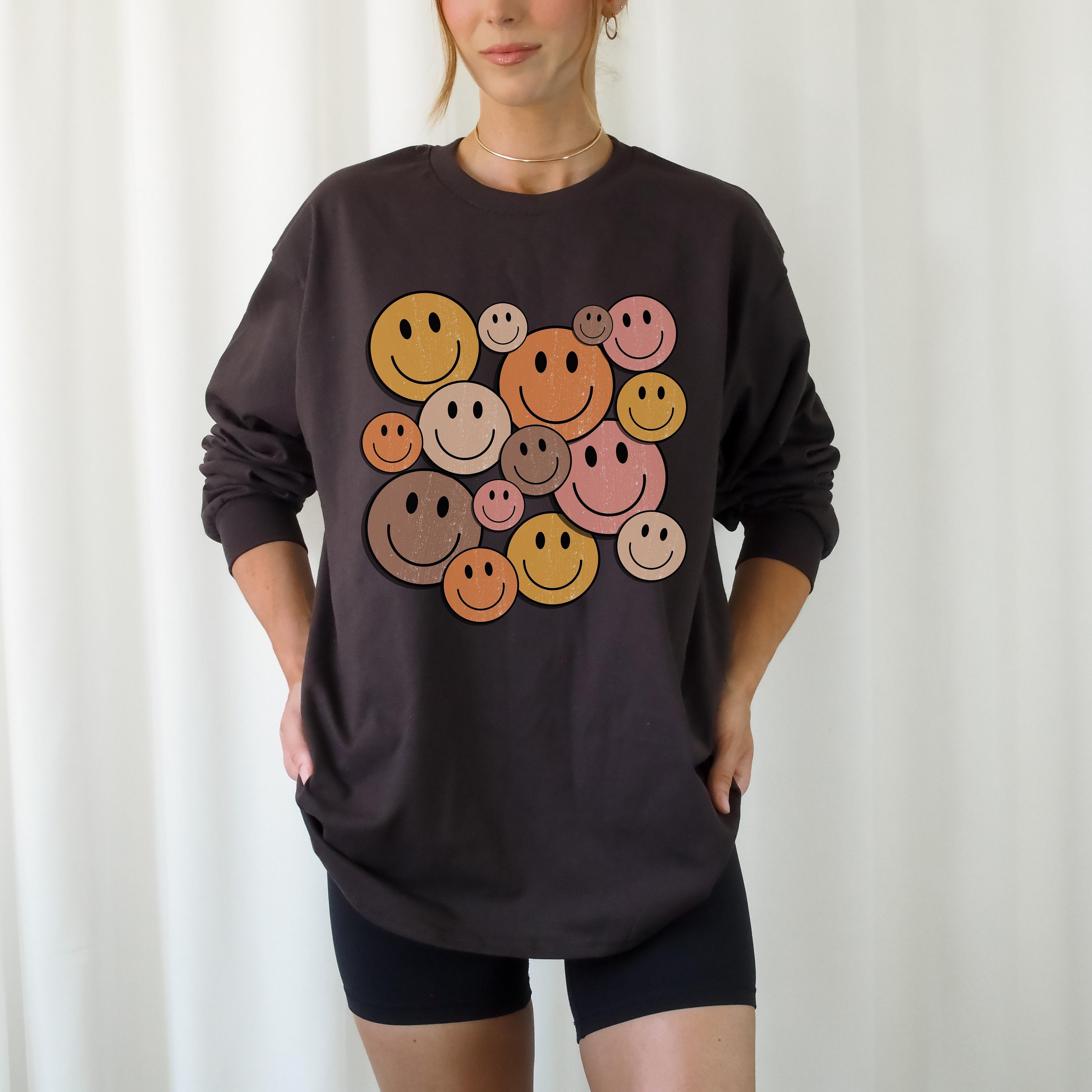 Retro Smile Oversized Tee, Smile Face Long Sleeve, Be Happy Shirt ...
