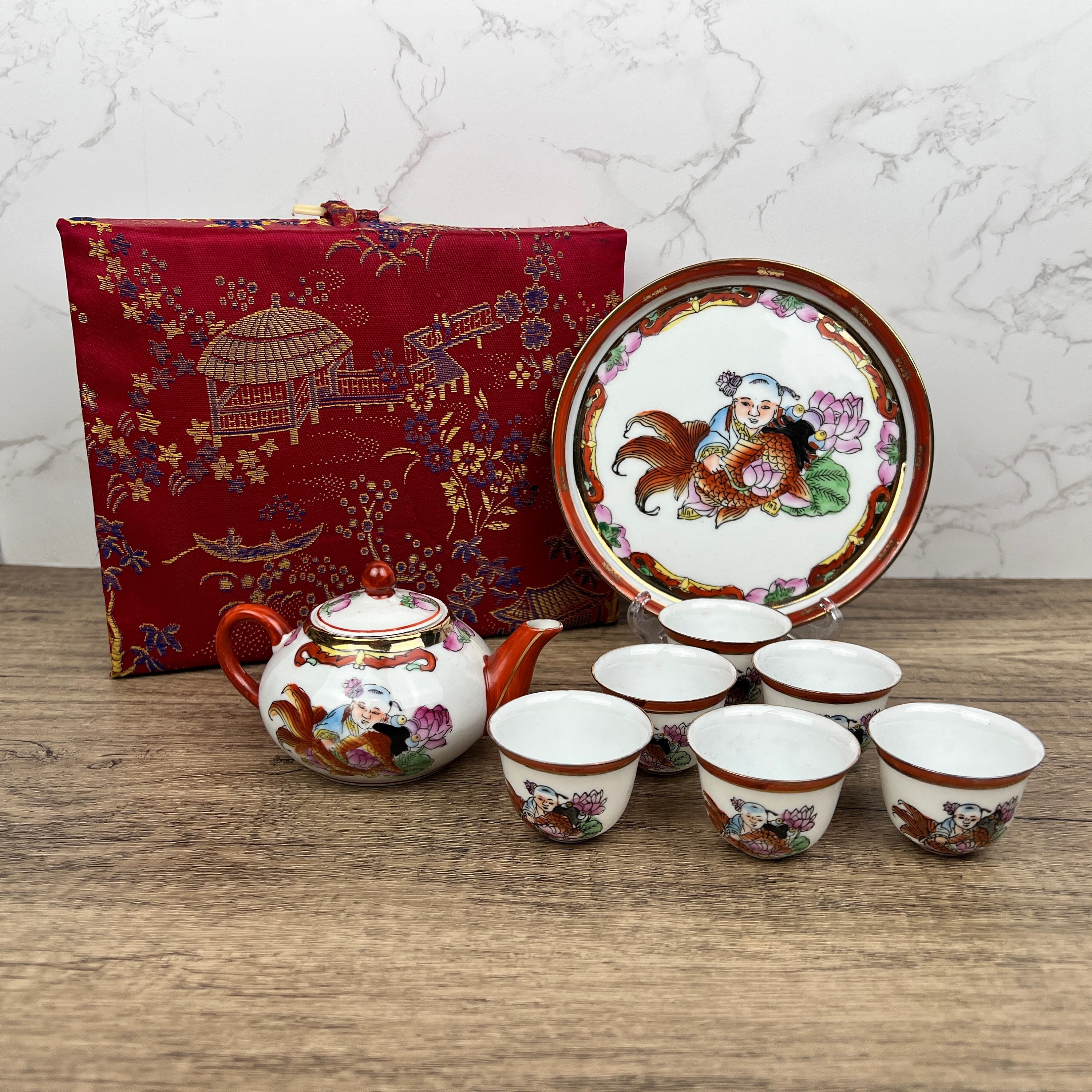 Miniature Chinese Tea Set With in Original Red Silk Box, Vintage Rare ...