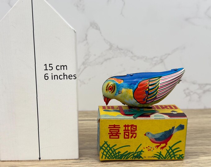 Vintage Metal Mechanical Wind-up Tin Toy Hopping Blue Bird in Original ...