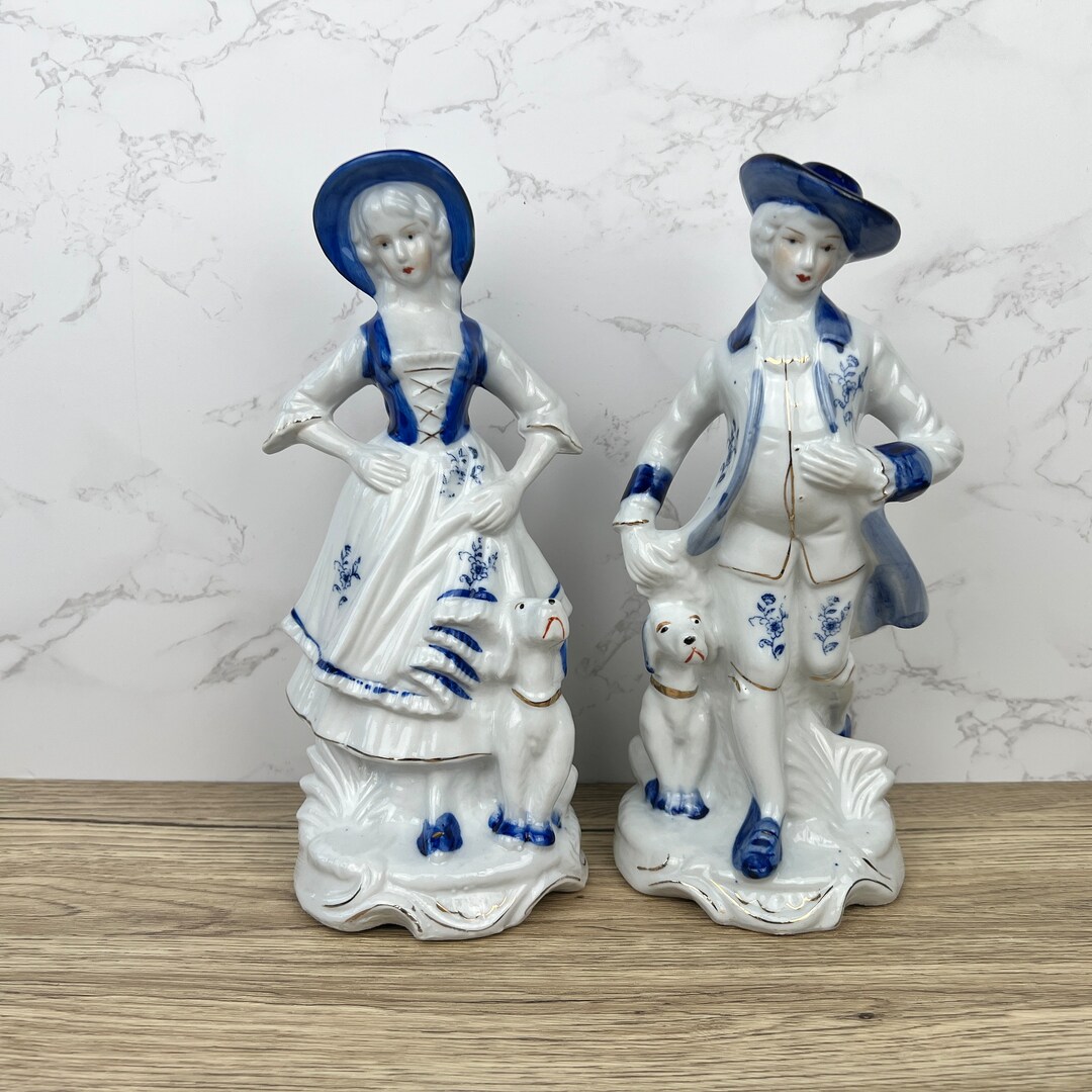 Delft Blue Victorian Norleans Porcelain Gentlemen and Lady Figurines ...