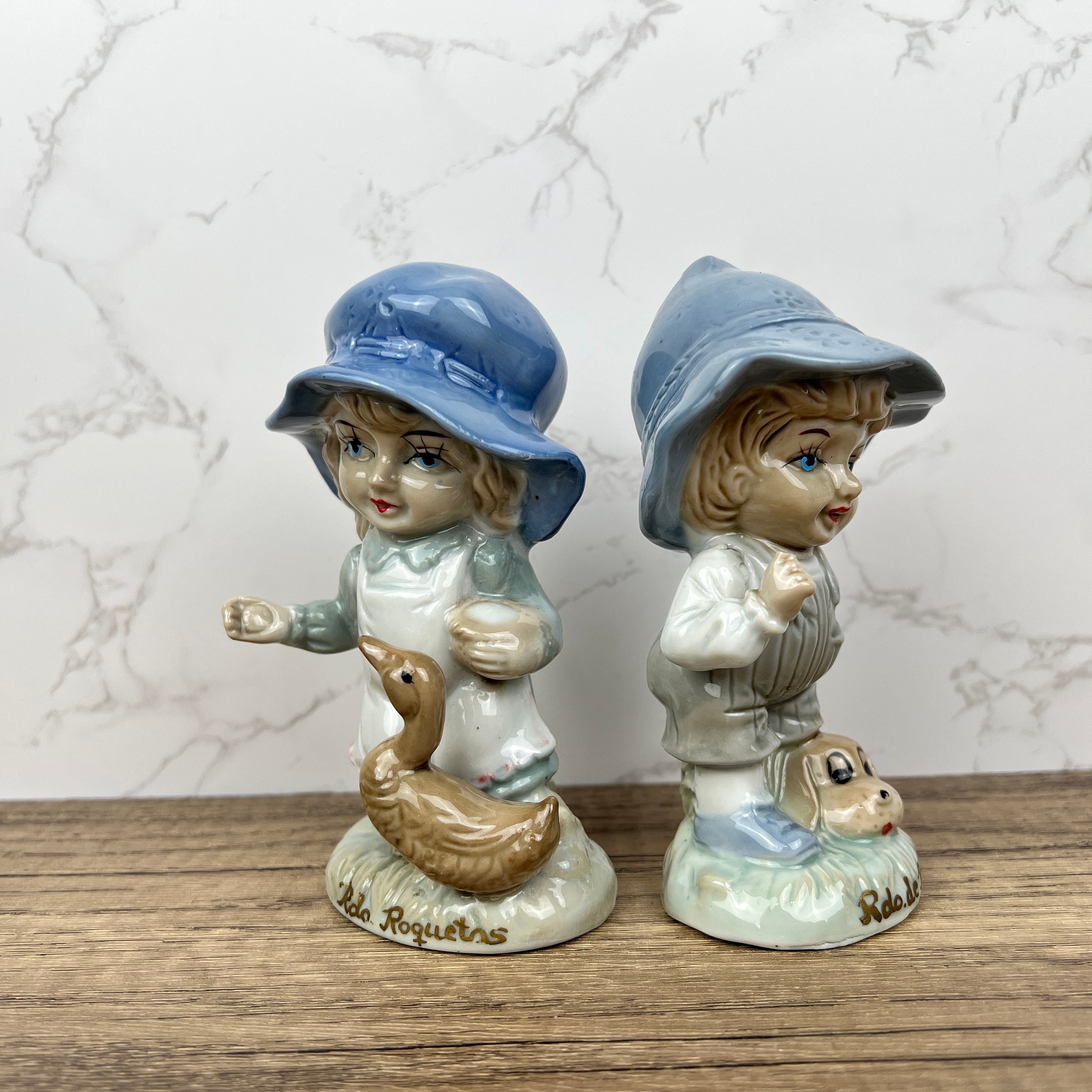 Vintage Pair of Porcelain Figurines, Boy With Dog and Girl With Duck ...