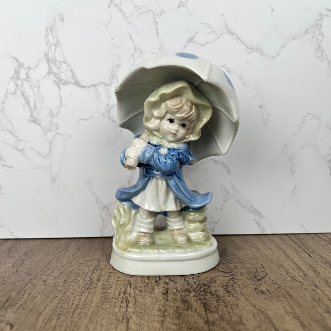 Vintage Porcelain Girl Figurine, Blue Polka Dot Umbrella - Etsy