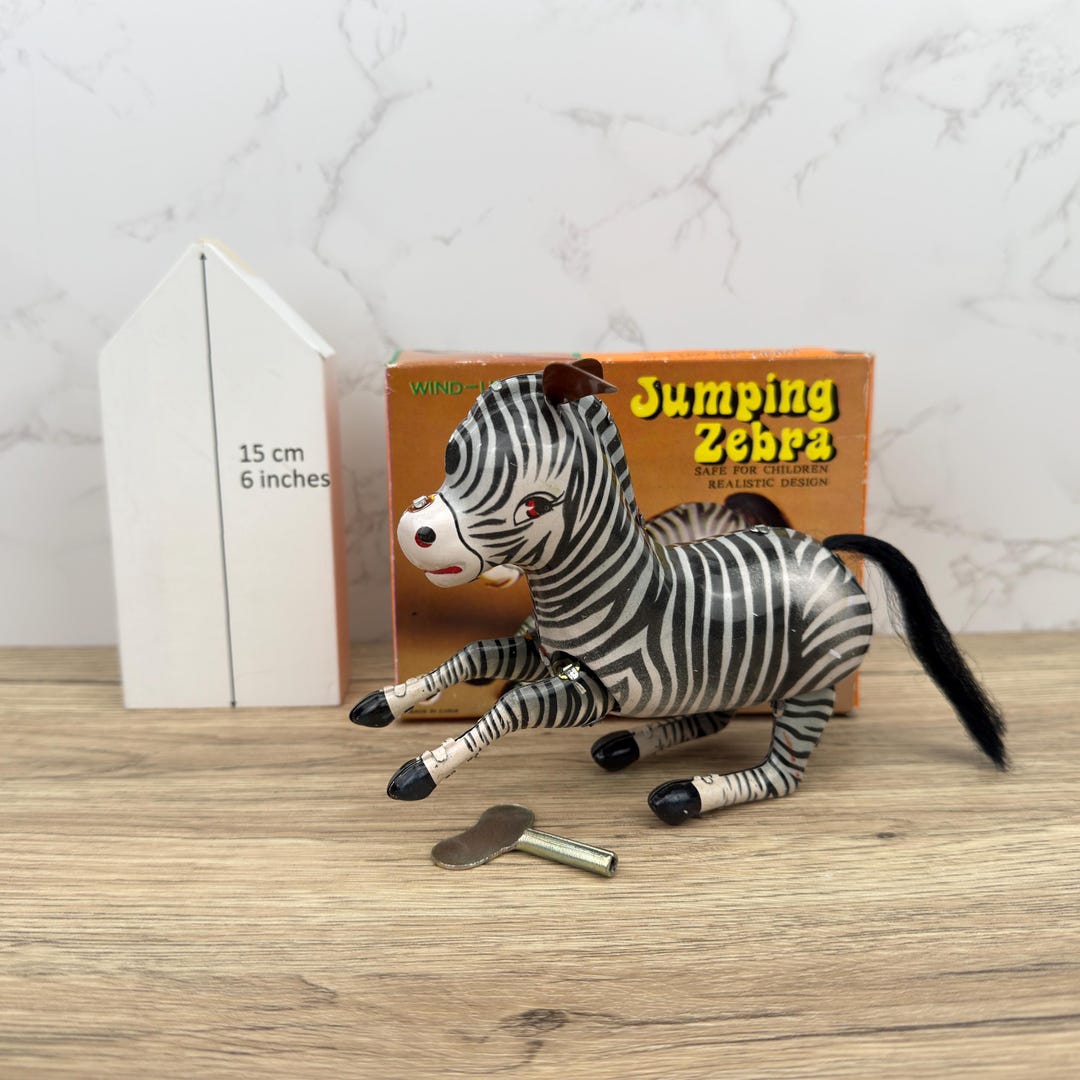 Vintage Win-up Tin Toy Bucking Zebra, Clockwork Tin Toy Jumping Zebra ...