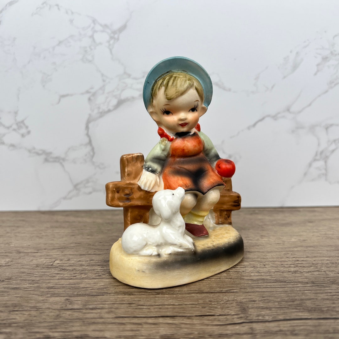 Hummel Style Vintage Girl Figurine, Girl Sitting on Fence With Dog ...