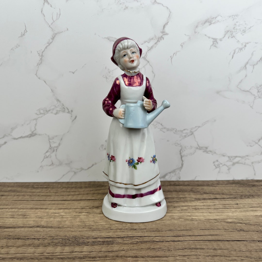 Vintage Porcelain Grandma, Lady Figurine With Watering Jug, Fancy Lady ...