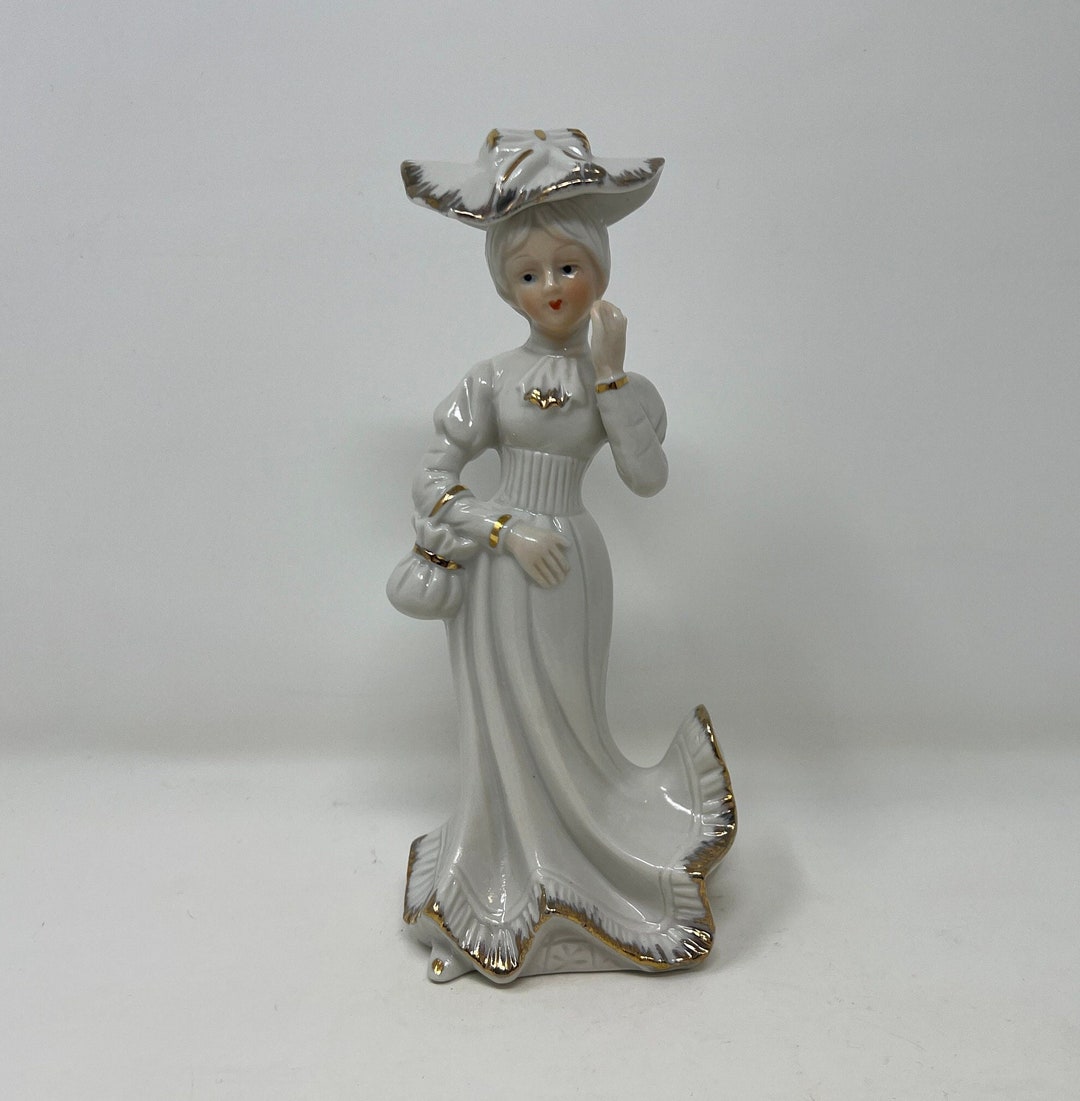 Vintage Porcelain Lady Figurine Solid White Gold Trim, JBG London Hand ...